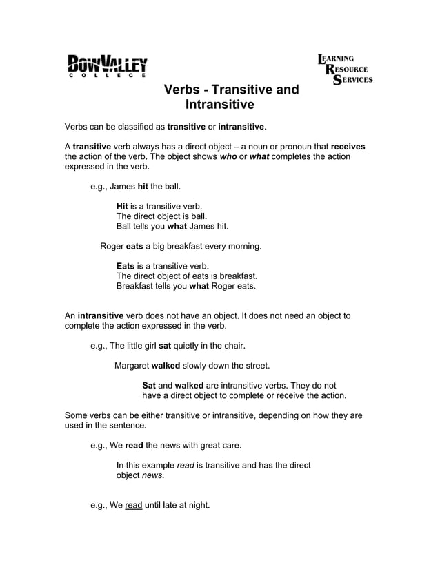 Verbs transitive and_intransitive | PDF