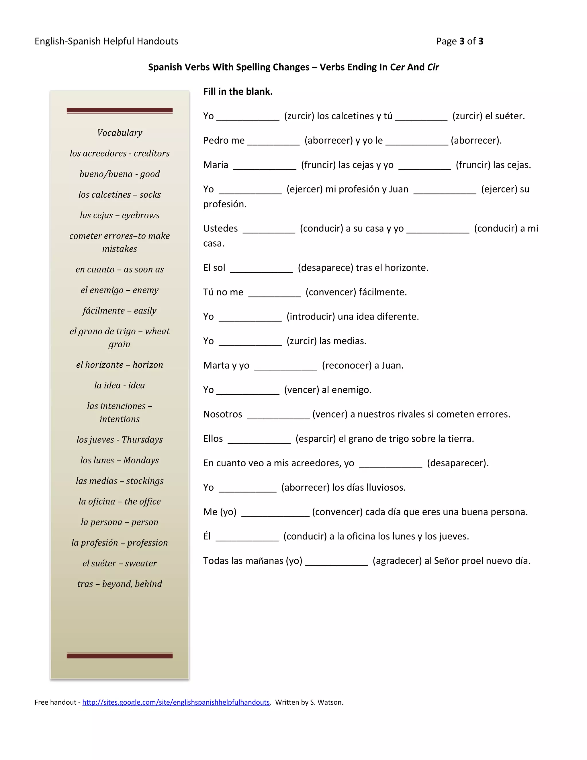 Verbs with spelling changes verbs ending in cer and cir | PDF