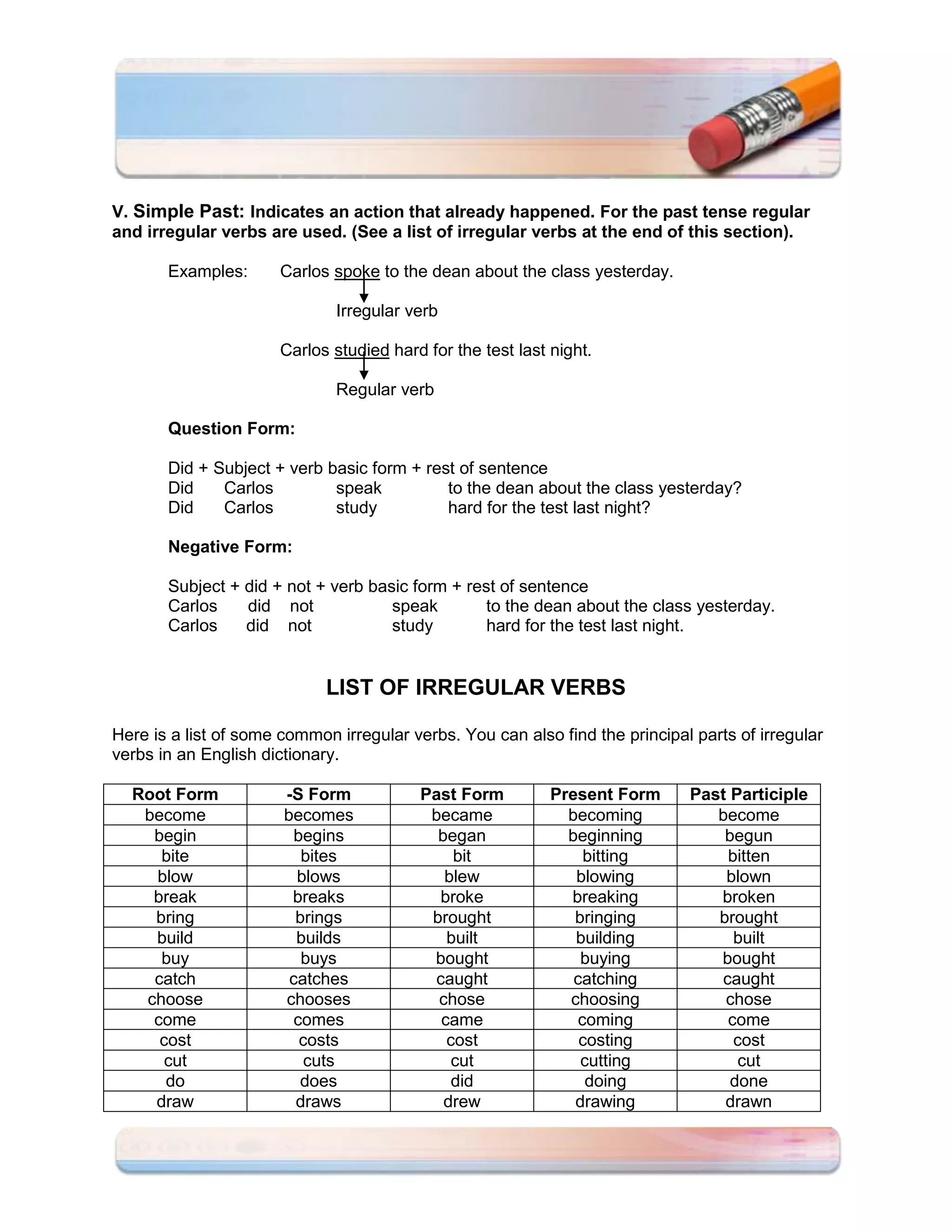 Verb Tense - Simple Past | PDF