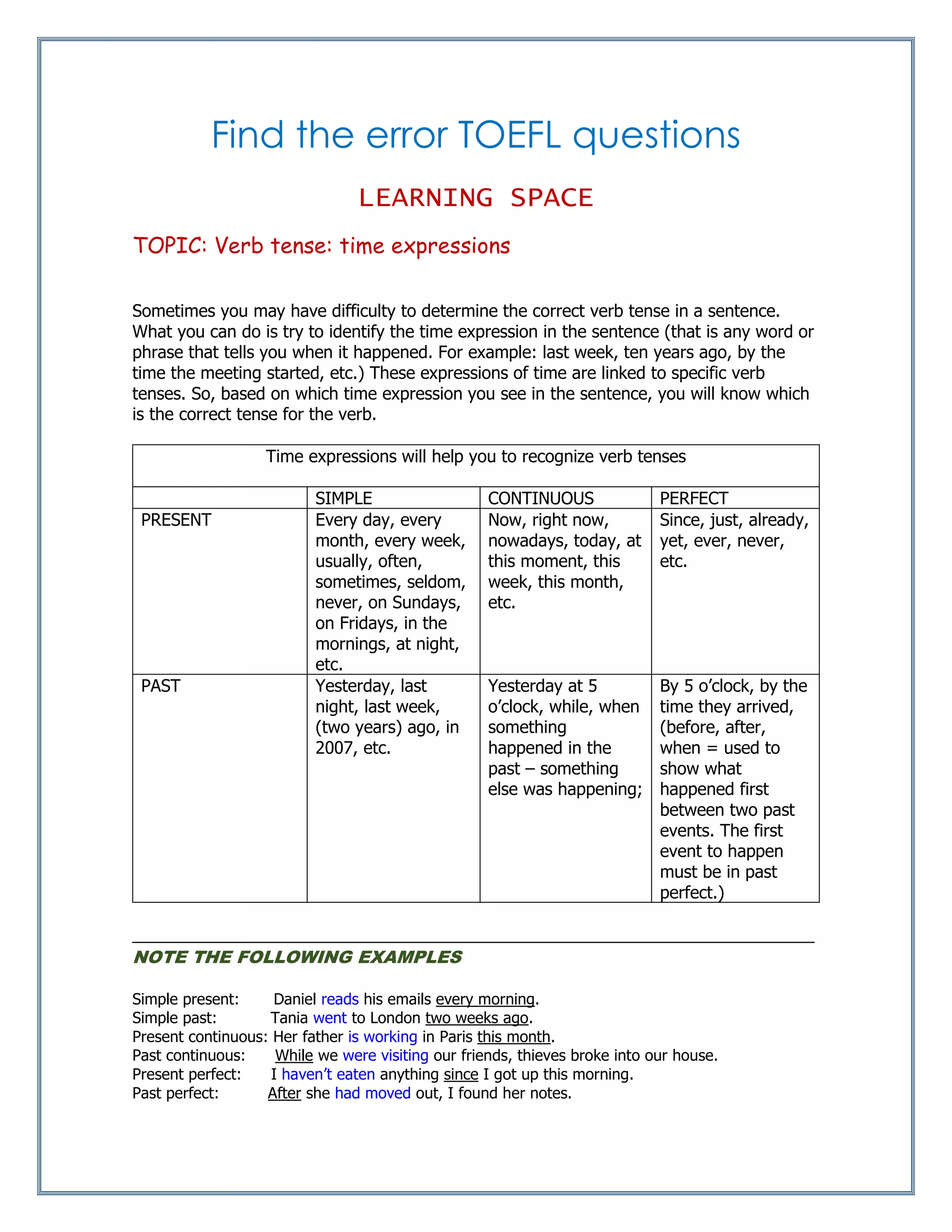 Verb tense time expressions | PDF