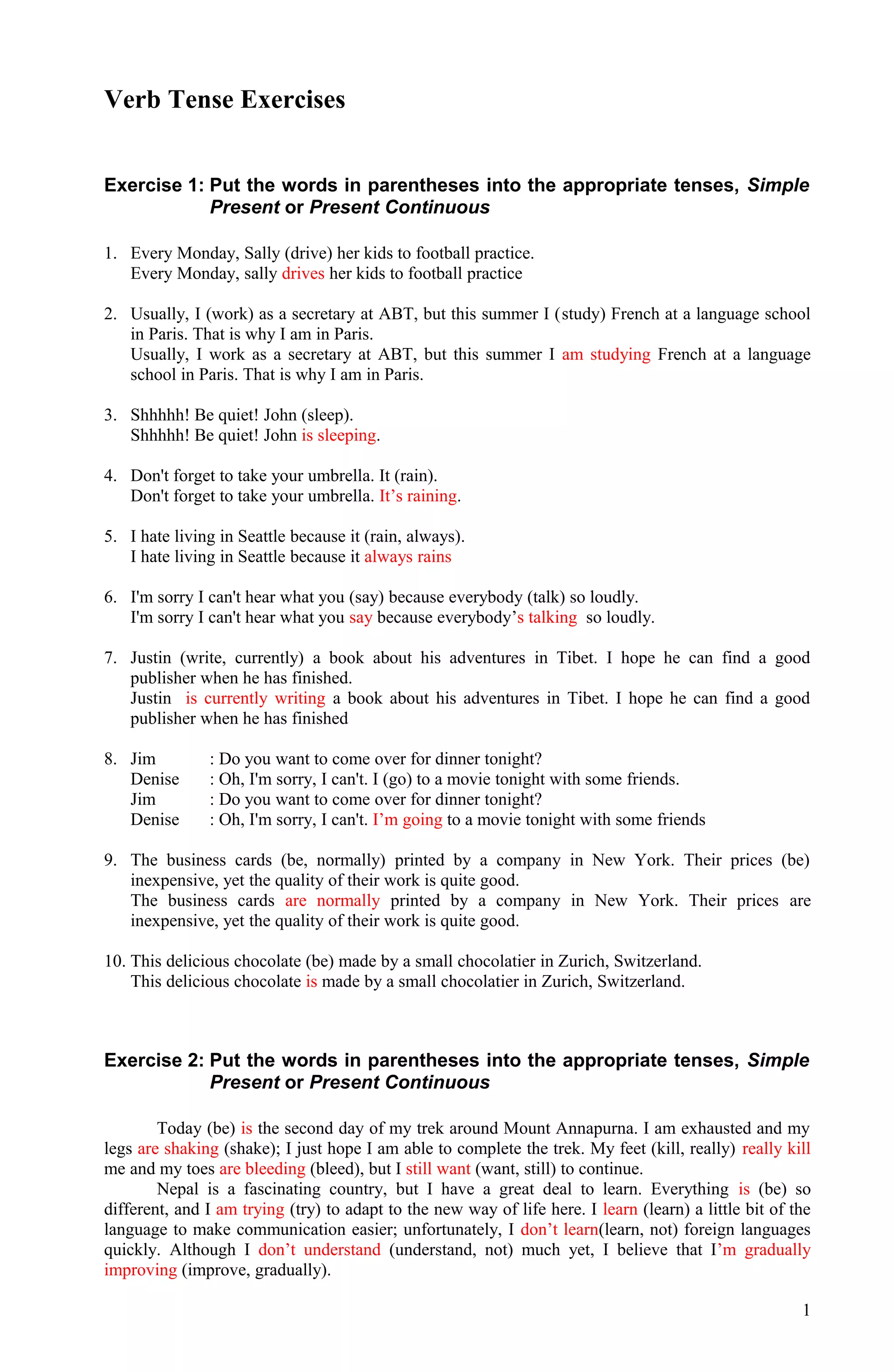 Verb tense exercises+answer, 080912 | DOC