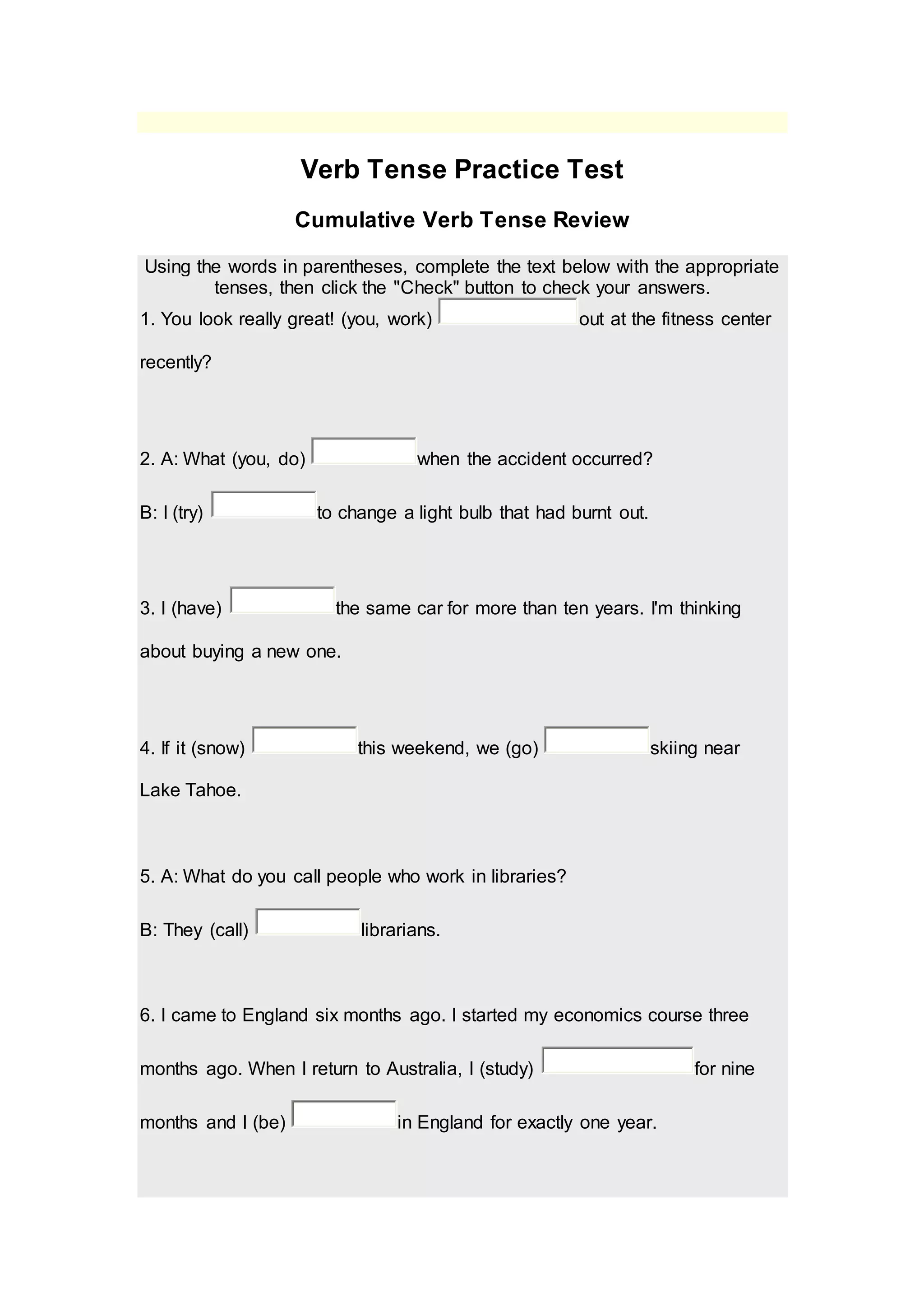 Verb Tense Practice Test.doc | North America Travel | Travel Locations