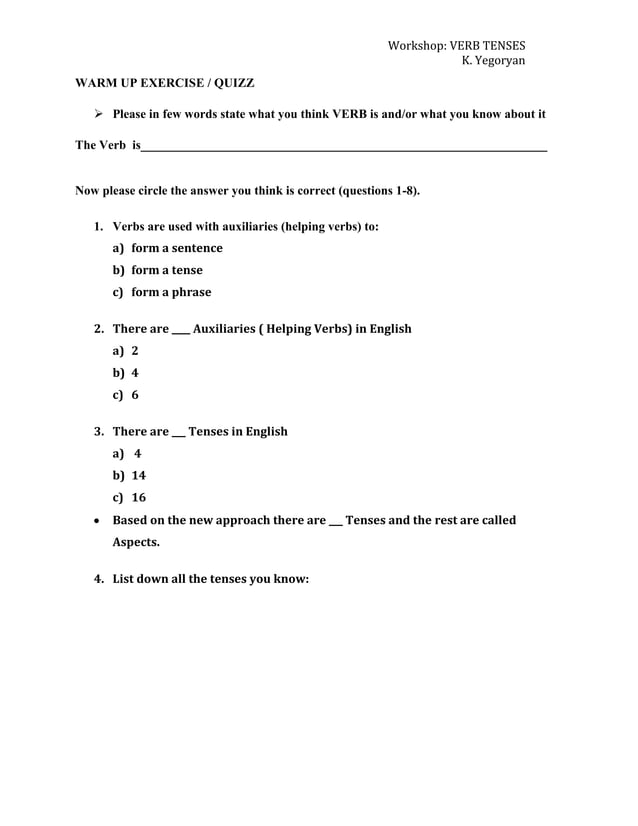 Verb tenses worksheet | DOCX | Homework and Study | Education