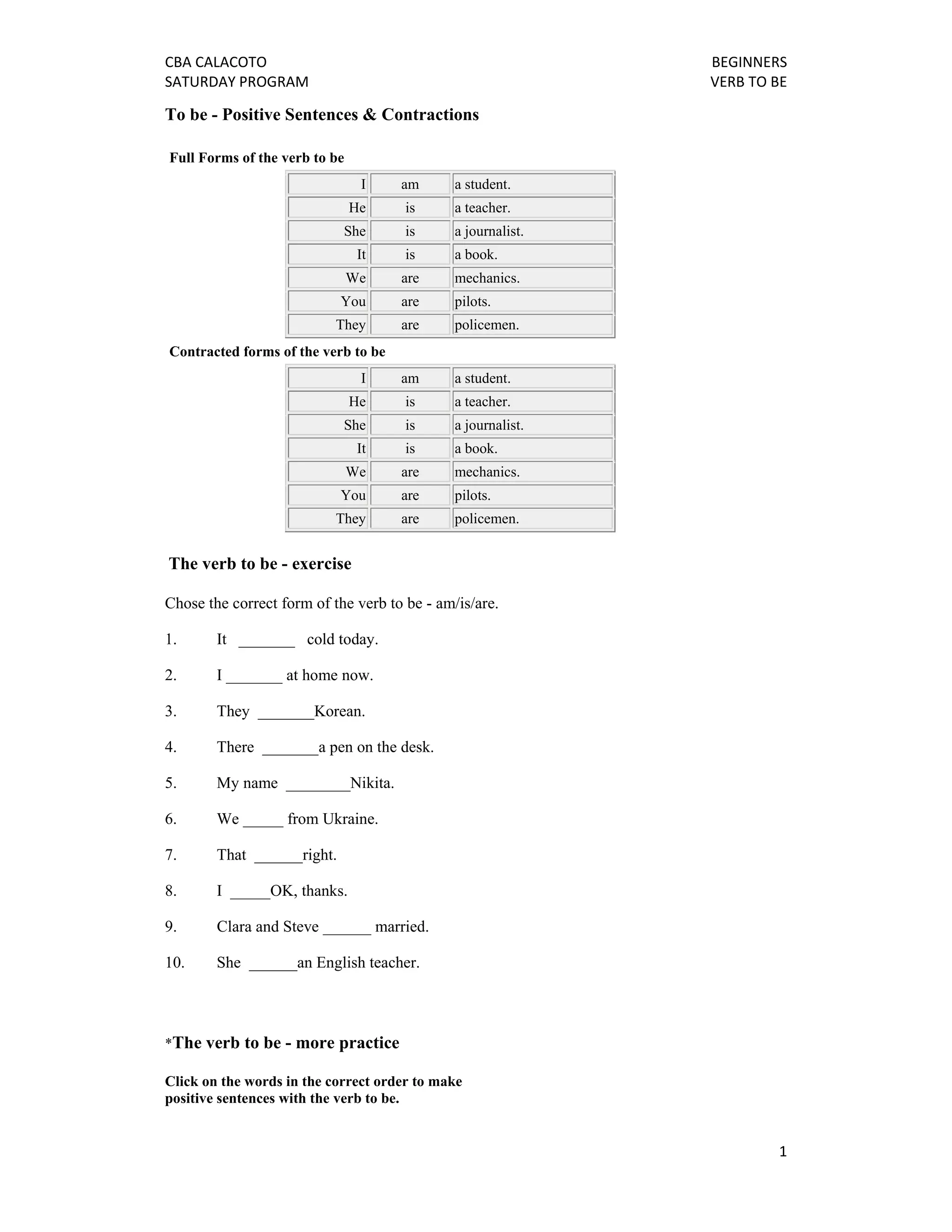 Verb to be forms and exercises | PDF
