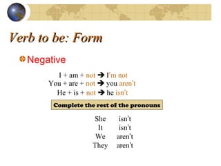 Verb to be positive, negative, interrogative | PPT