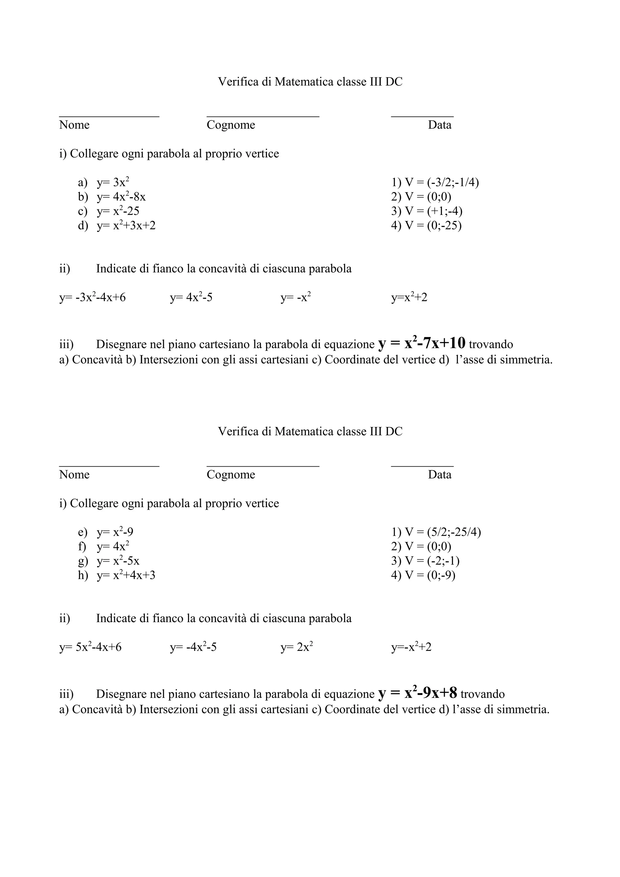 Verifica parabola-classi-iii-alberghiero | DOC