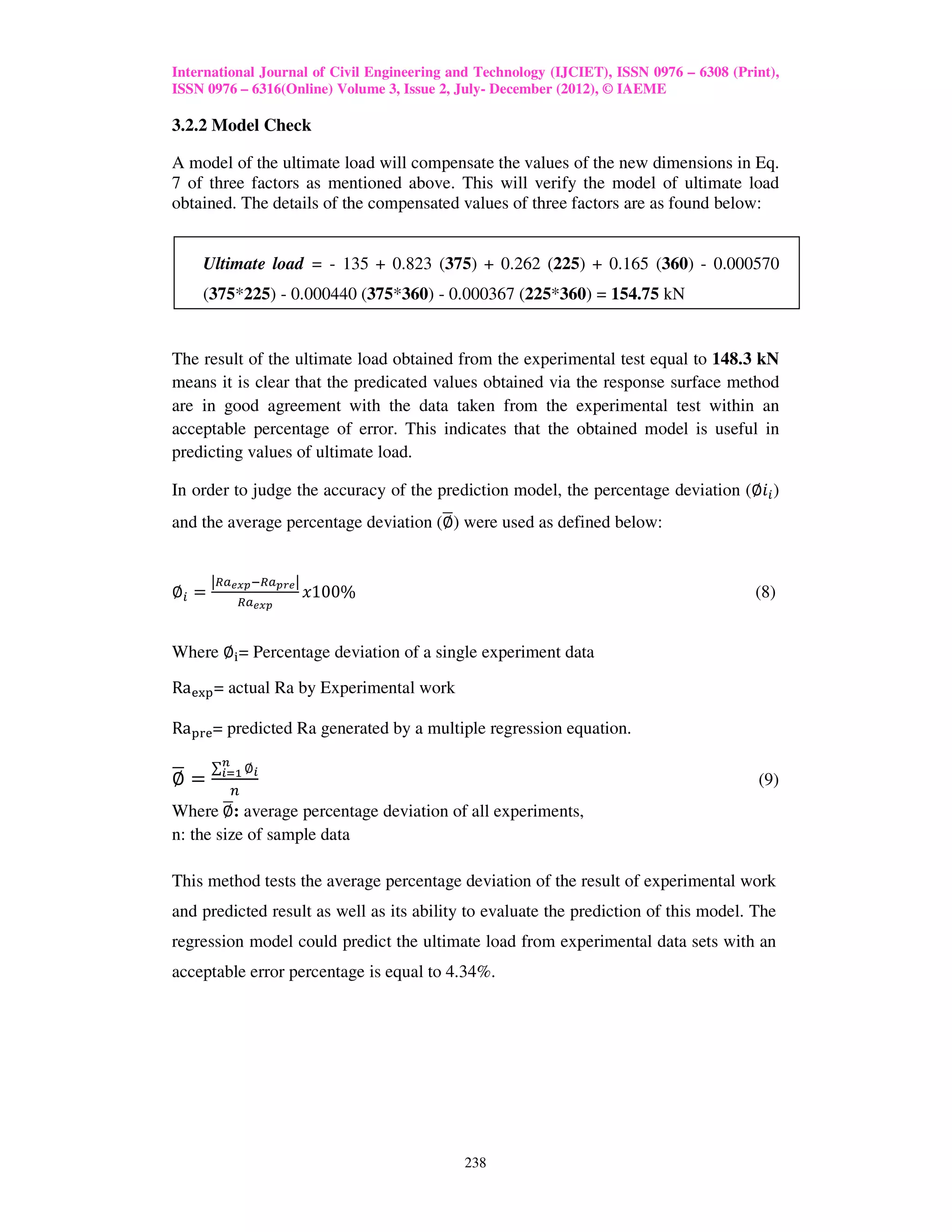 Verification for modeling of ultimate load for lightweight palm oil clinker reinforced concrete ...