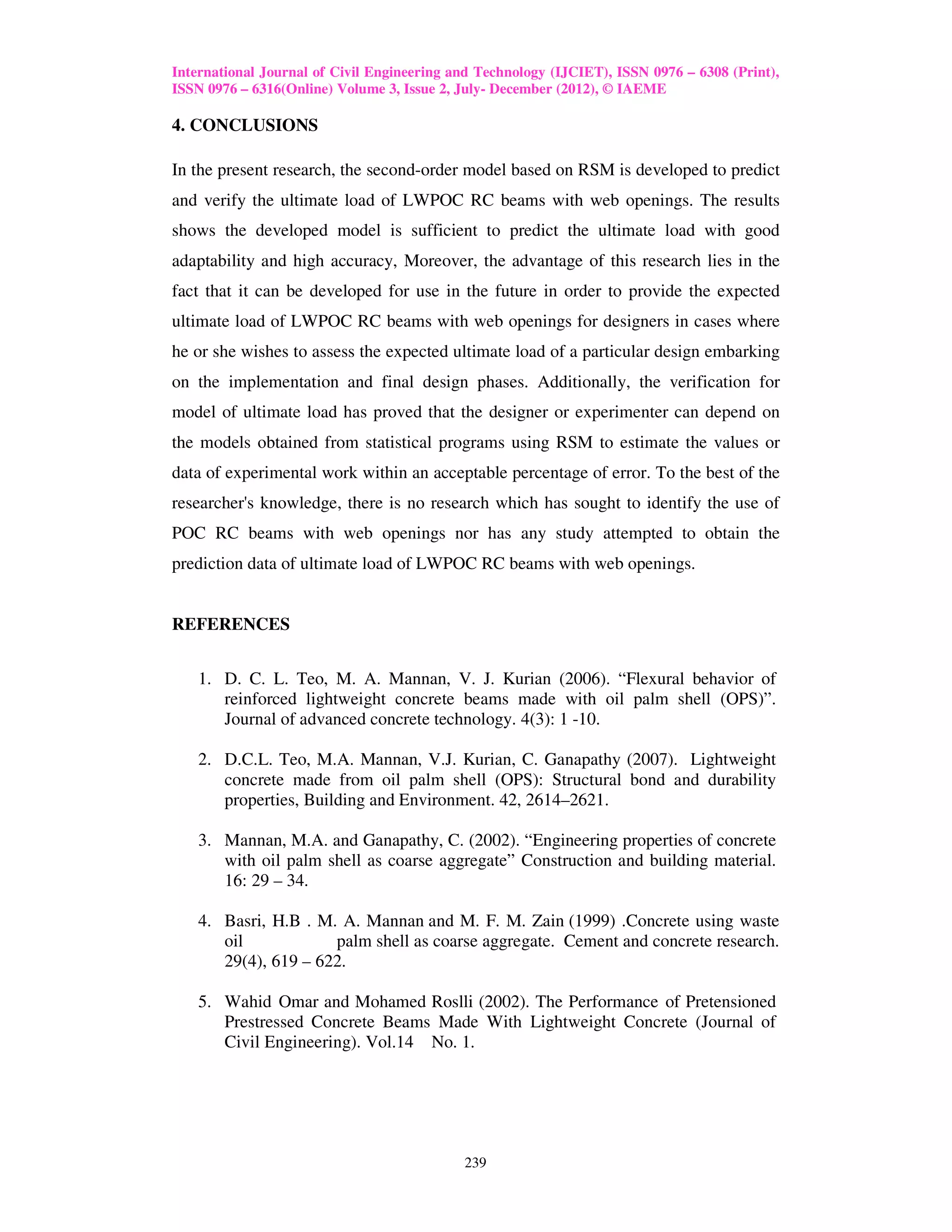 Verification for modeling of ultimate load for lightweight palm oil clinker reinforced concrete ...