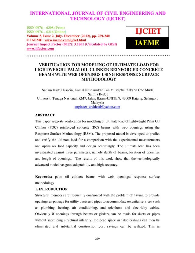Verification for modeling of ultimate load for lightweight palm oil clinker reinforced concrete ...