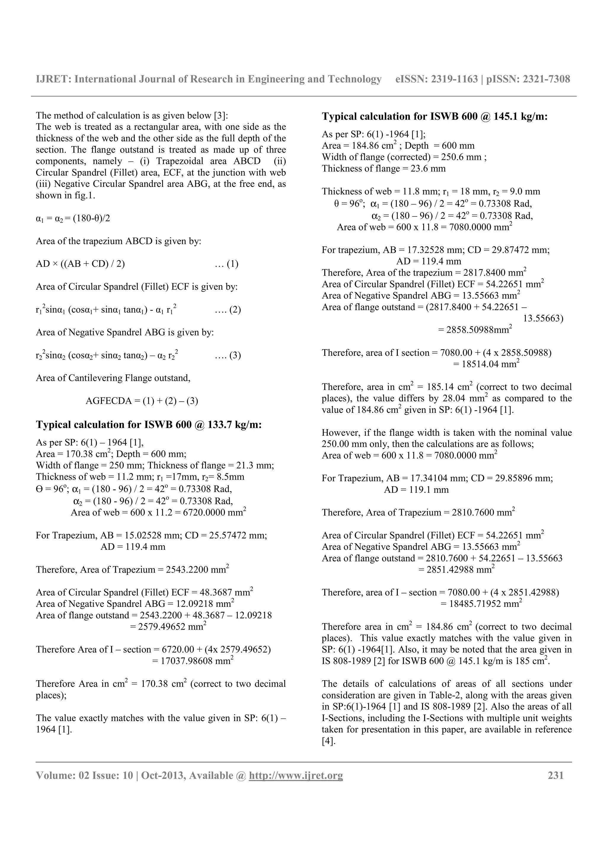 Verification of areas of indian standard i sections with | PDF ...