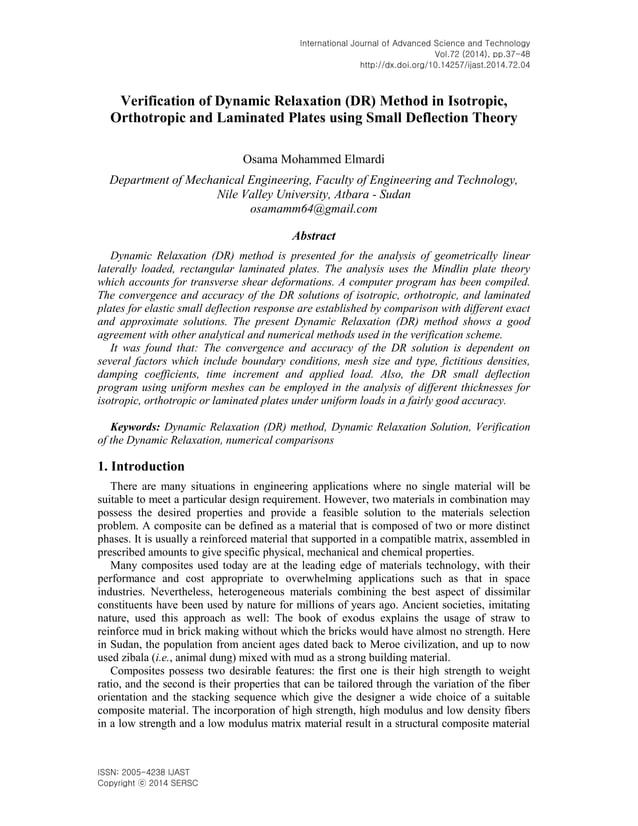Verification Of Dynamic Relaxation Dr Method In Isotropic Orthotropic And Laminated Plates
