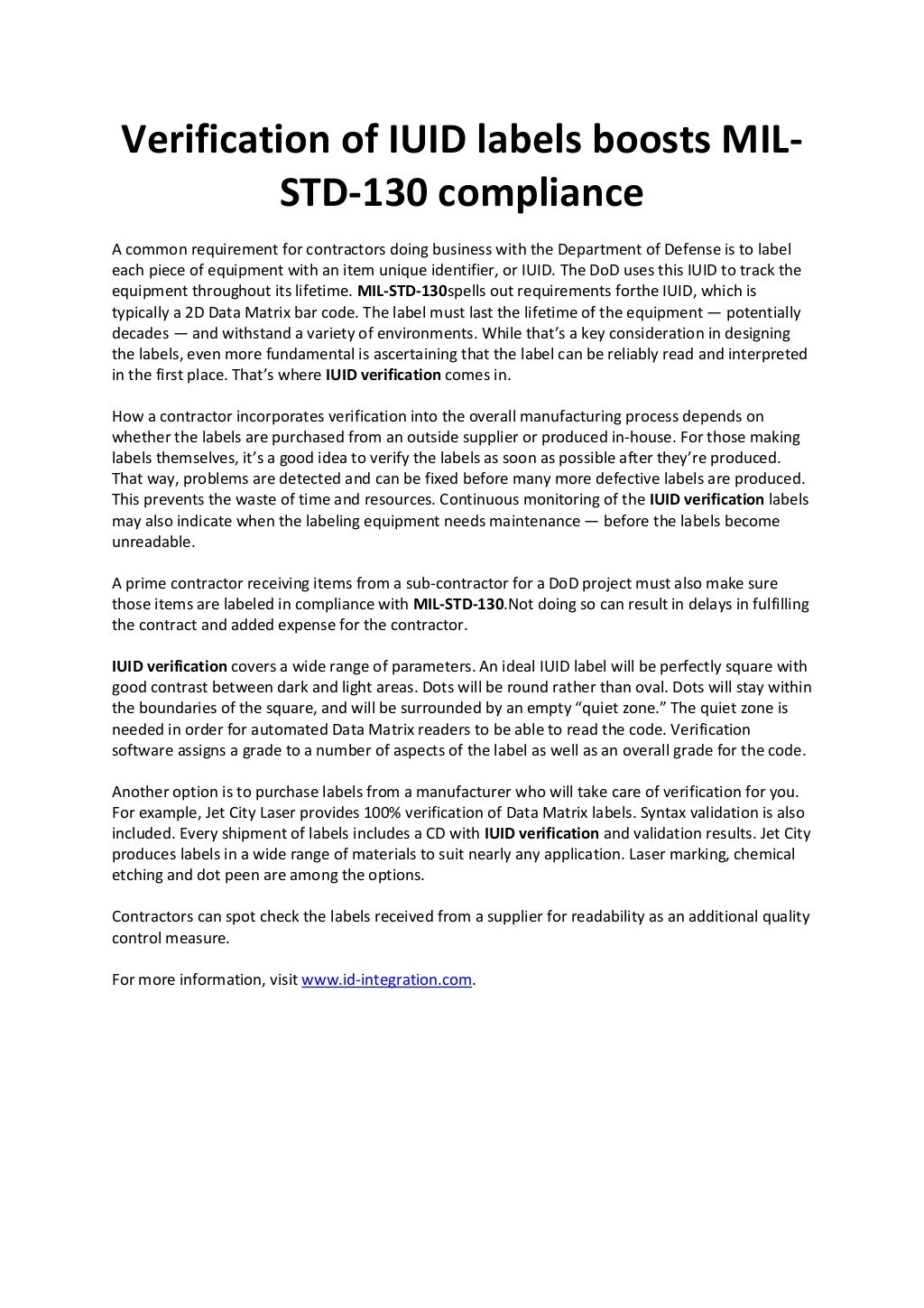 Verification of iuid labels boosts mil std-130 compliance