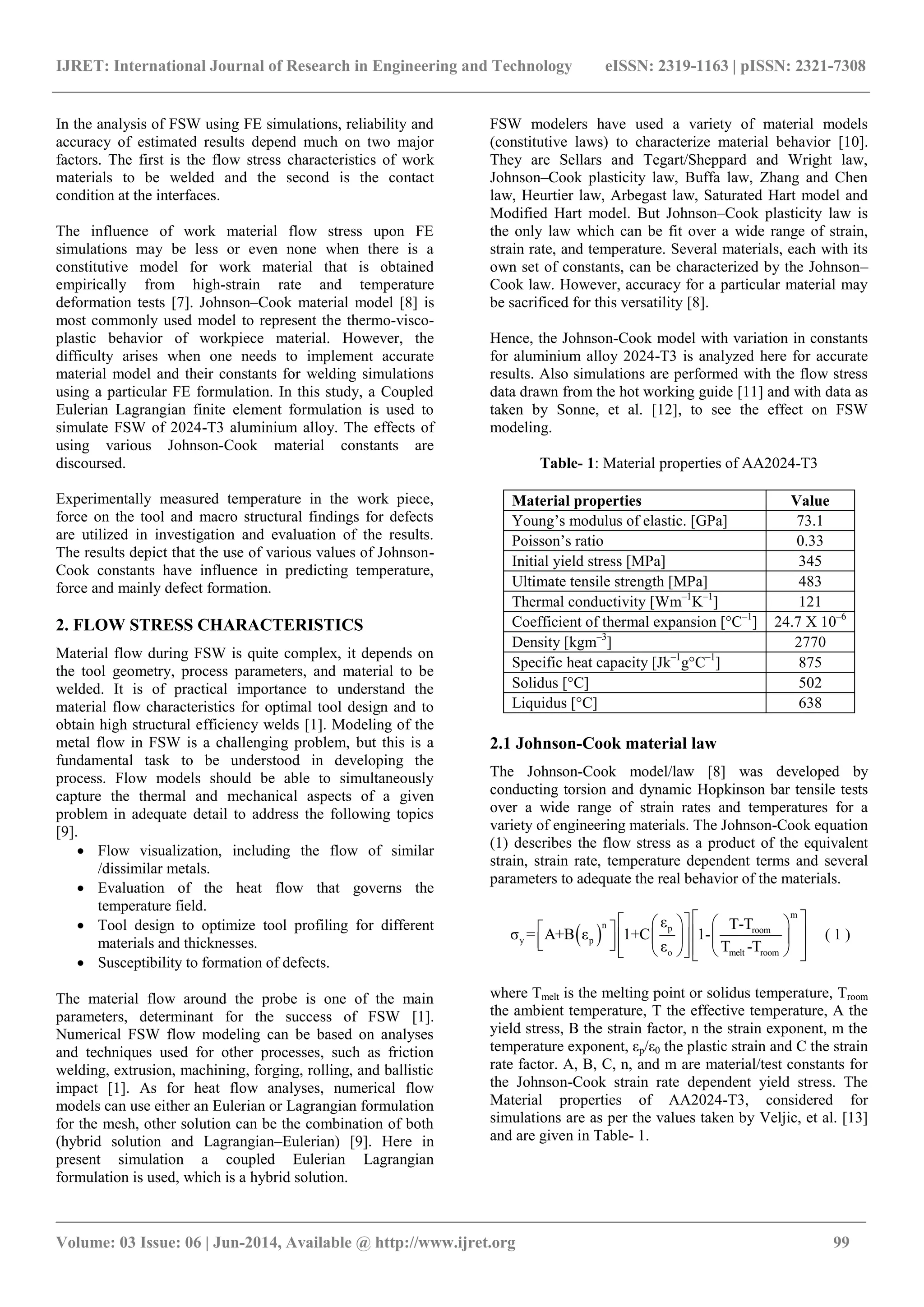 Verification of johnson cook material model constants of aa2024-t3 for use in finite element ...