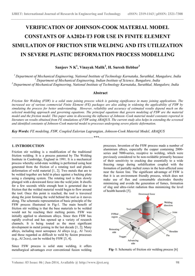Verification of johnson cook material model constants of aa2024-t3 for use in finite element ...