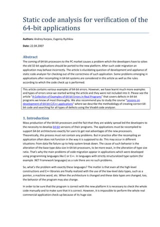 Static code analysis for verification of the 64-bit applications | PDF