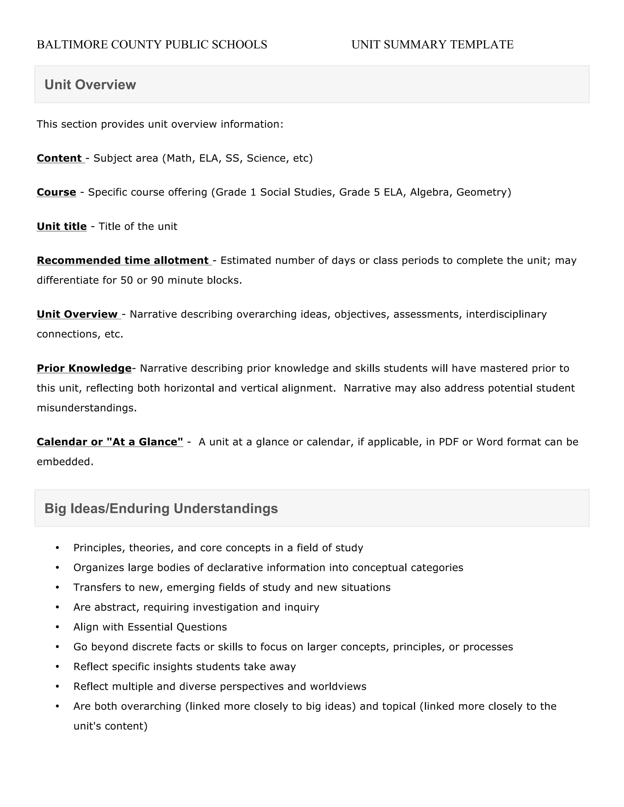 Verletta White - BCPS unit summary template | PDF