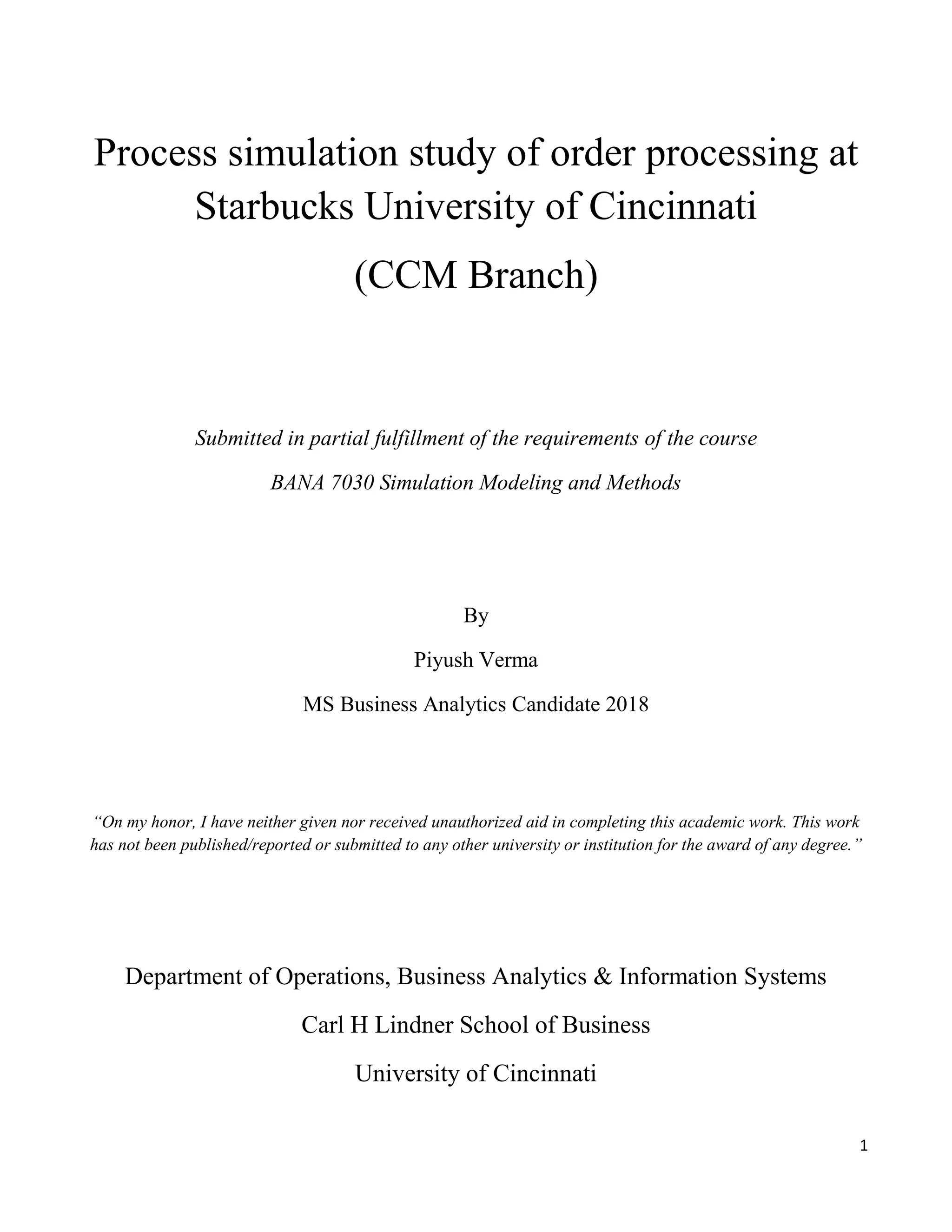 Process simulation study of order processing at Starbucks, University ...