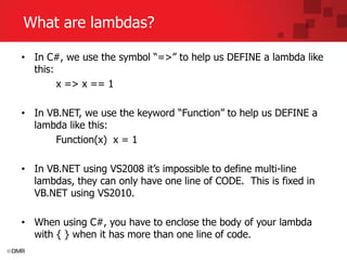 Lambdas and Extension using VS2010 | PPTX | Programming Languages ...