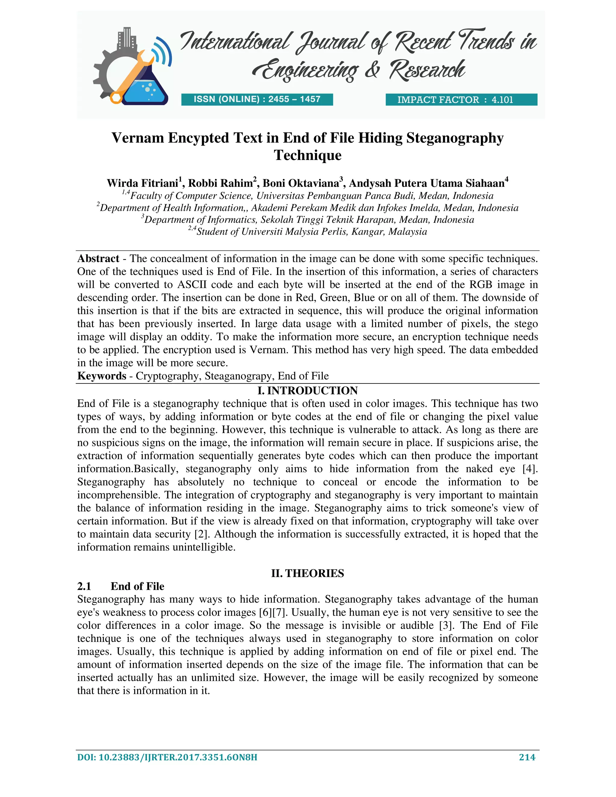 Vernam Encypted Text in End of File Hiding Steganography Technique | PDF