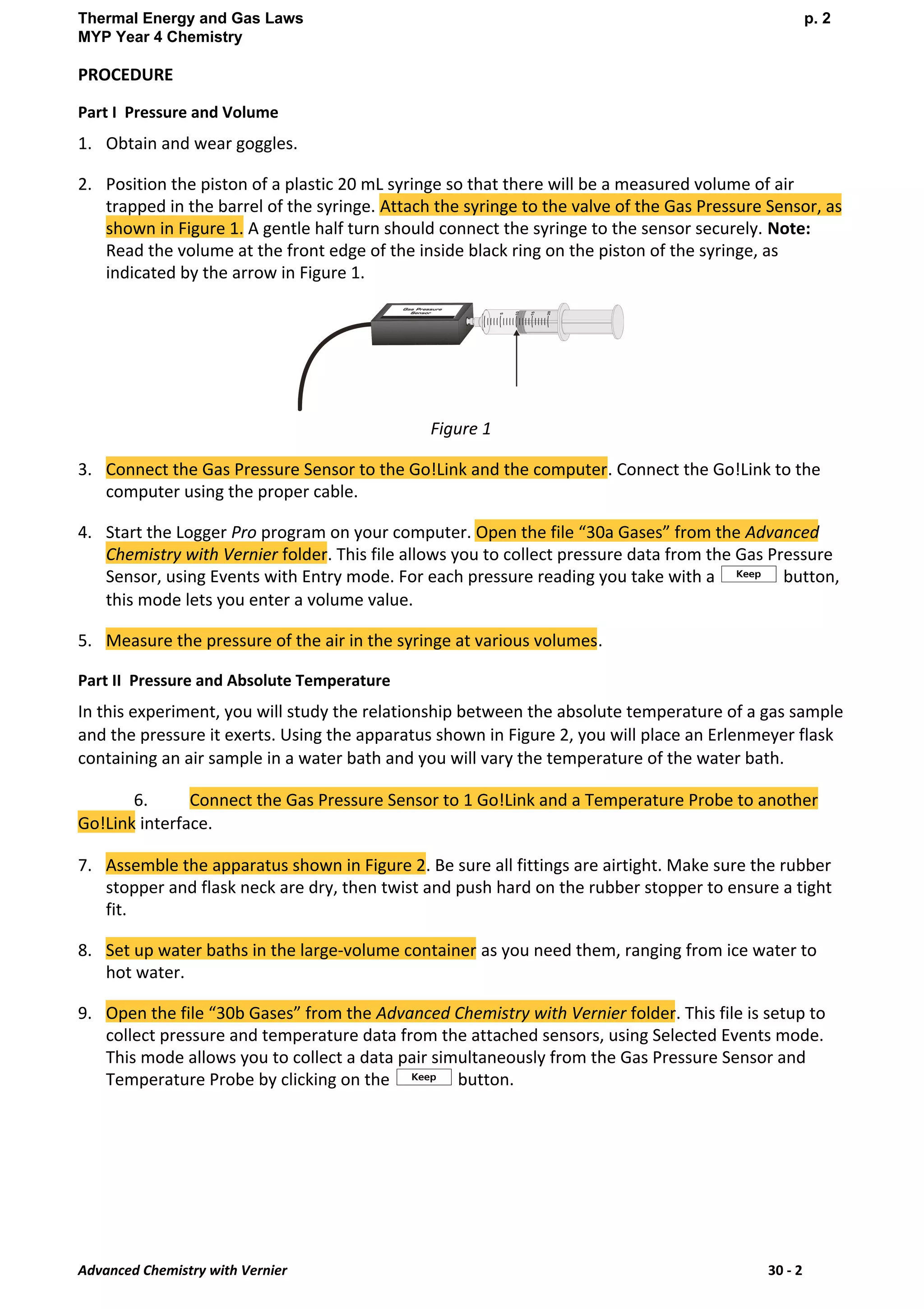 Vernier exploring gas laws lab | PDF