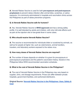 Verorab Rabies Vaccine in the Philippines: Uses, Safety & Cost | PDF
