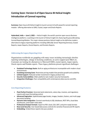 Coming Soon: Version 6 of Open Source BI Helical Insight: Introduction of Canned reporting | PDF