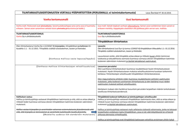 Vertailu vanhan ja uuden tilintarkastuskertomuksen välillä - pääpiirteet | PDF