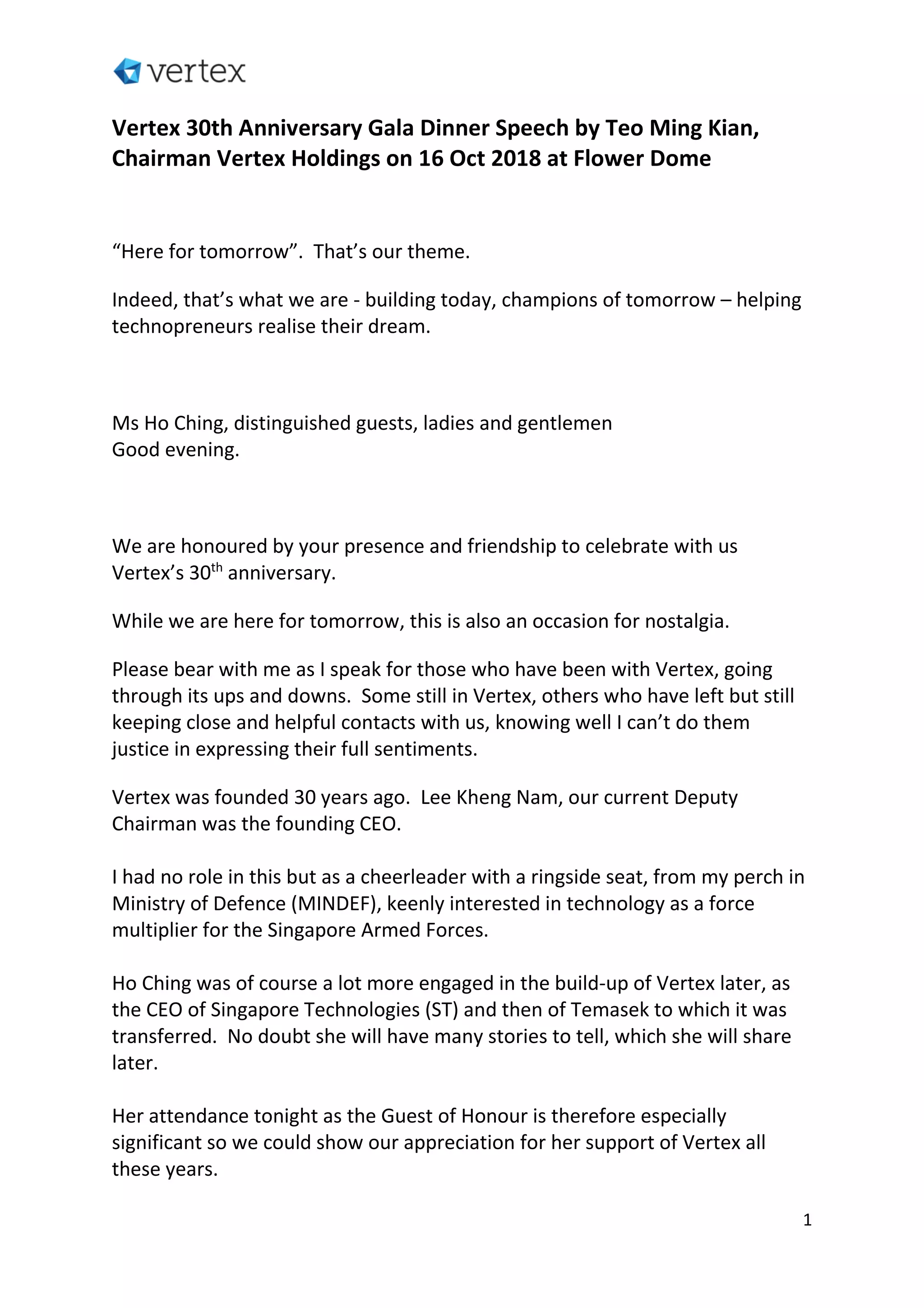 Vertex 30th Anniversary Gala Dinner - Chairman Speech | PDF