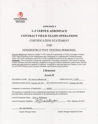 L-3 Vertex Aerospace Level II NDI Training certificates and statements ...