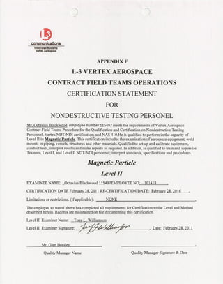 L-3 Vertex Aerospace Level II NDI Training certificates and statements ...