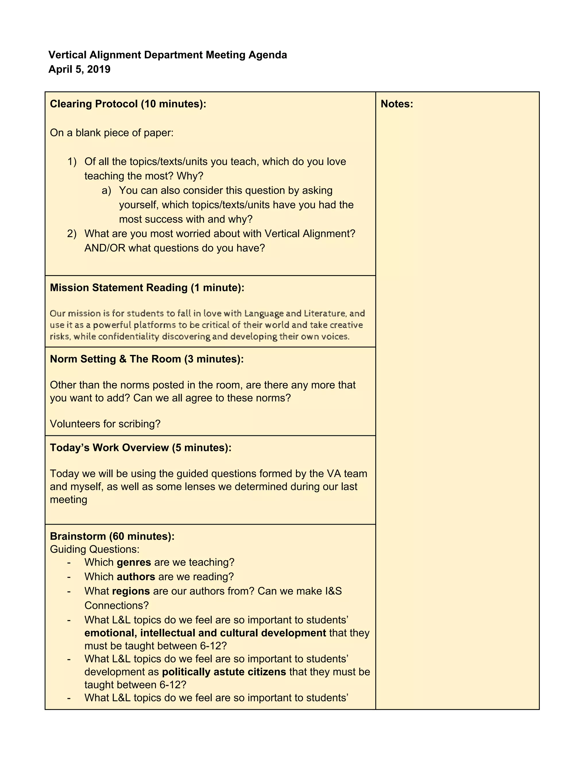 Vertical alignment department meeting agenda april 5 | PDF