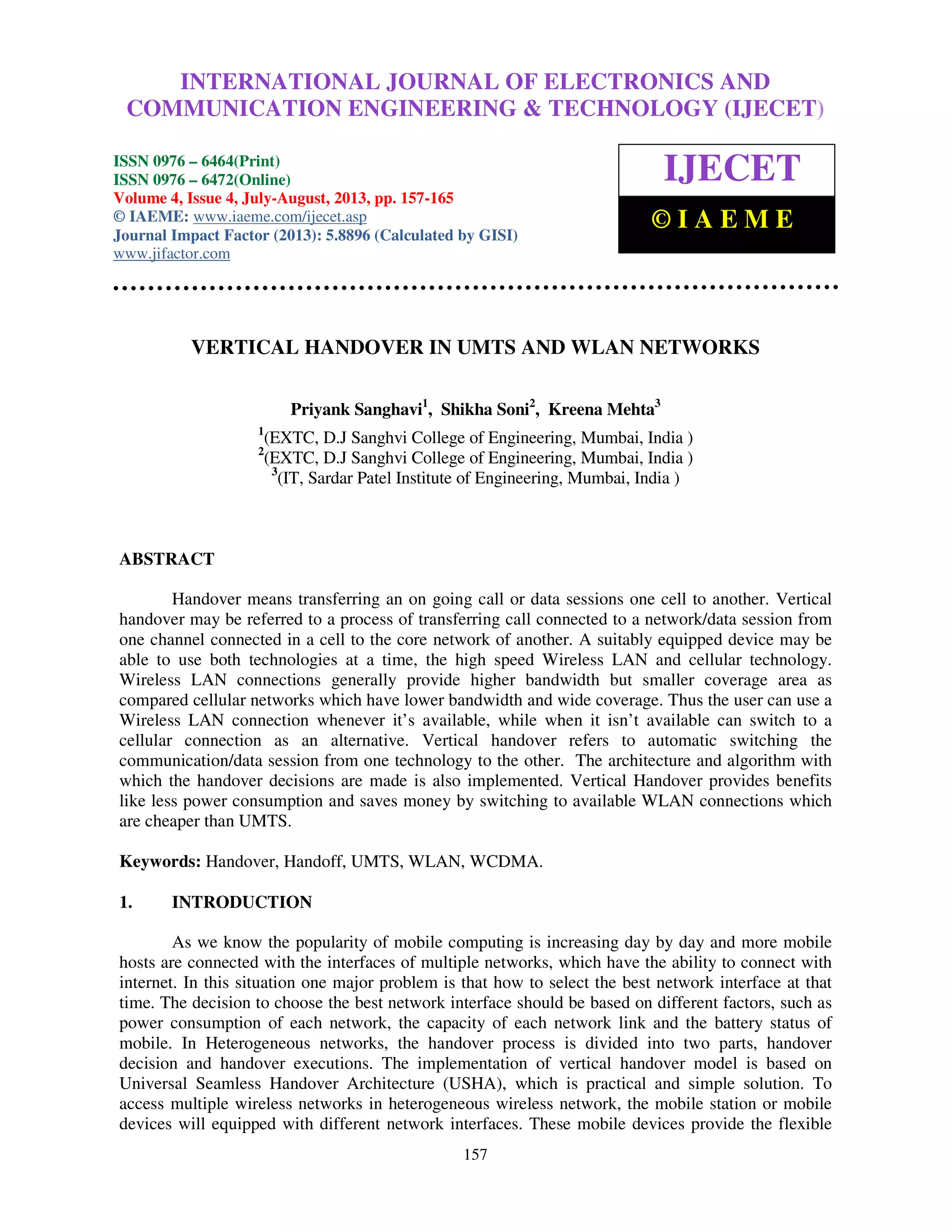 Vertical handover in umts and wlan networks | PDF