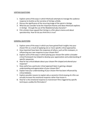 Vertigo questions | DOCX | Movies | Entertainment