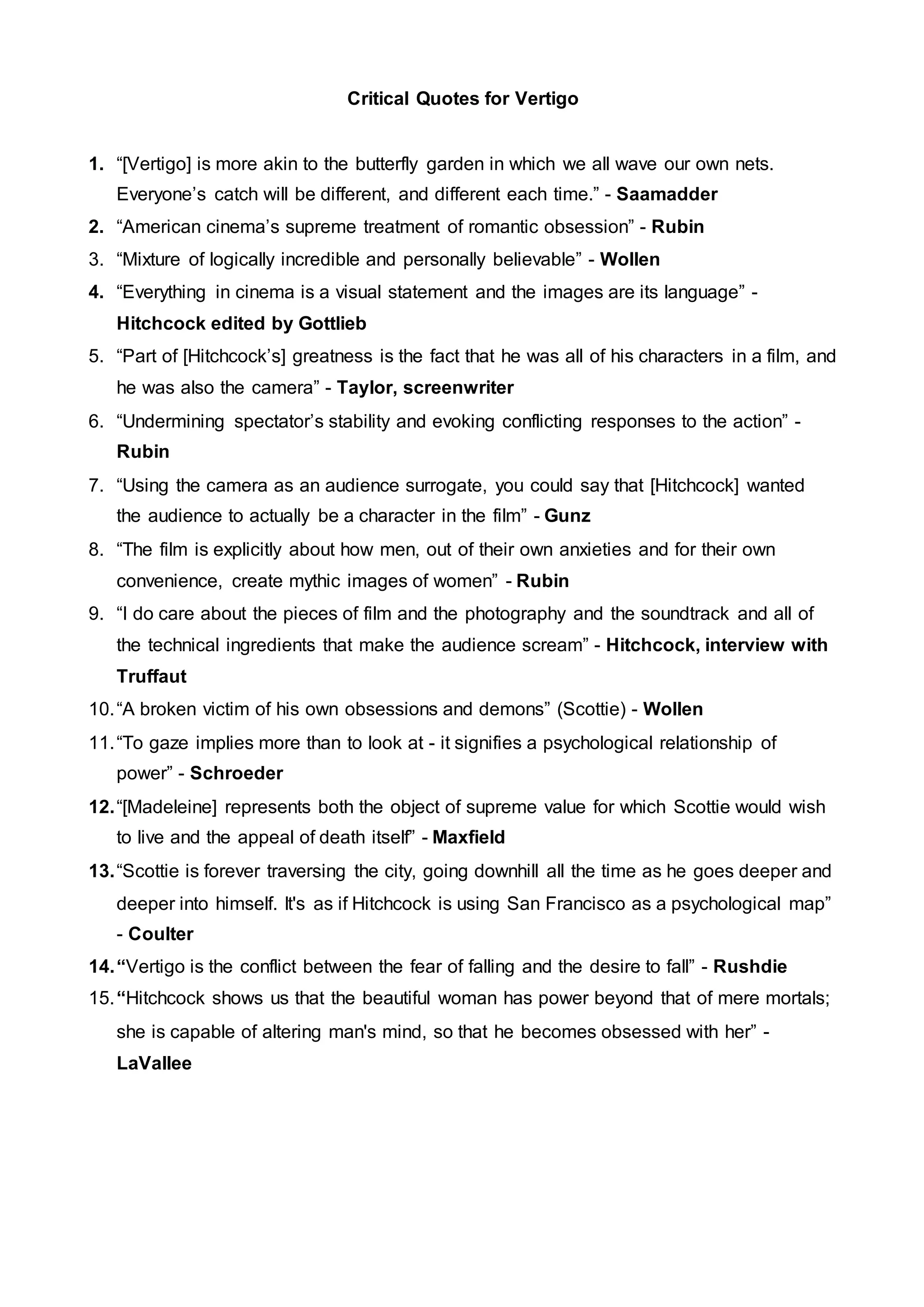 Vertigo Critical Quotes | DOCX | Movies | Entertainment