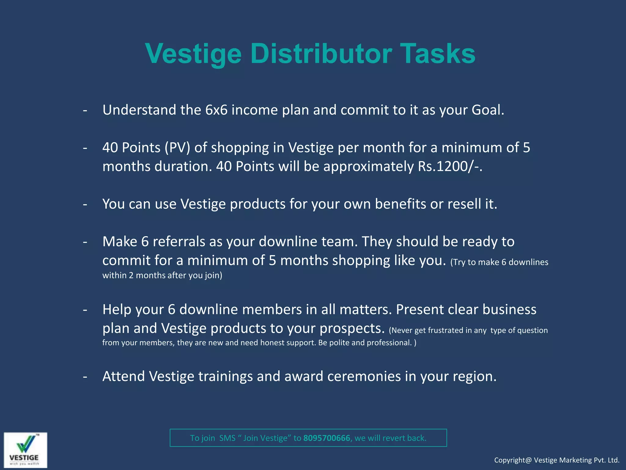 Vestige Direct Selling Business plan, Income calculation | SMS 'Join Vestige' to 8095700666 | PPTX