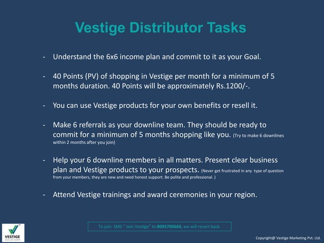 Vestige Direct Selling Business plan, Income calculation | SMS 'Join ...