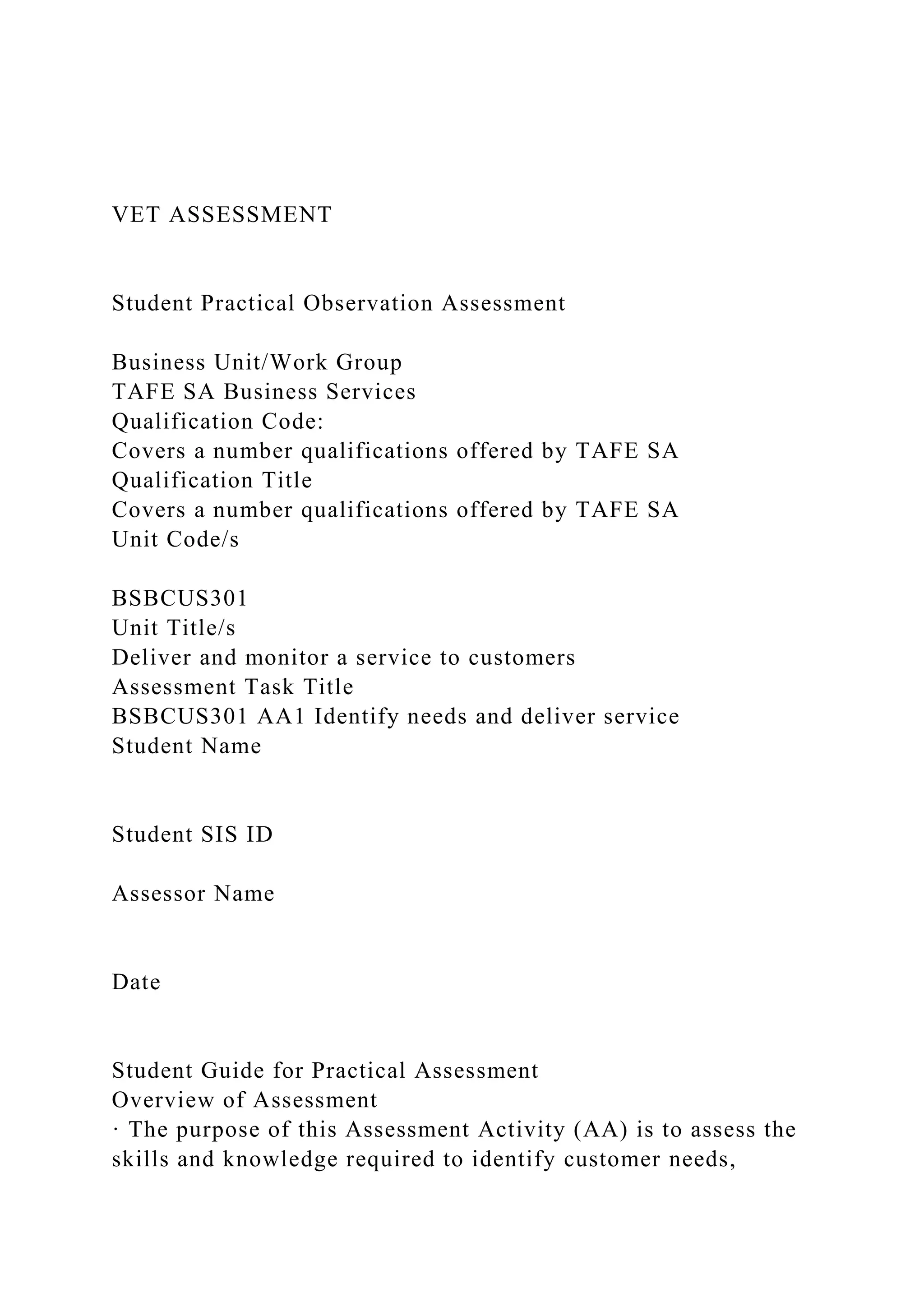 VET ASSESSMENT Student Practical Observation Assessment .docx