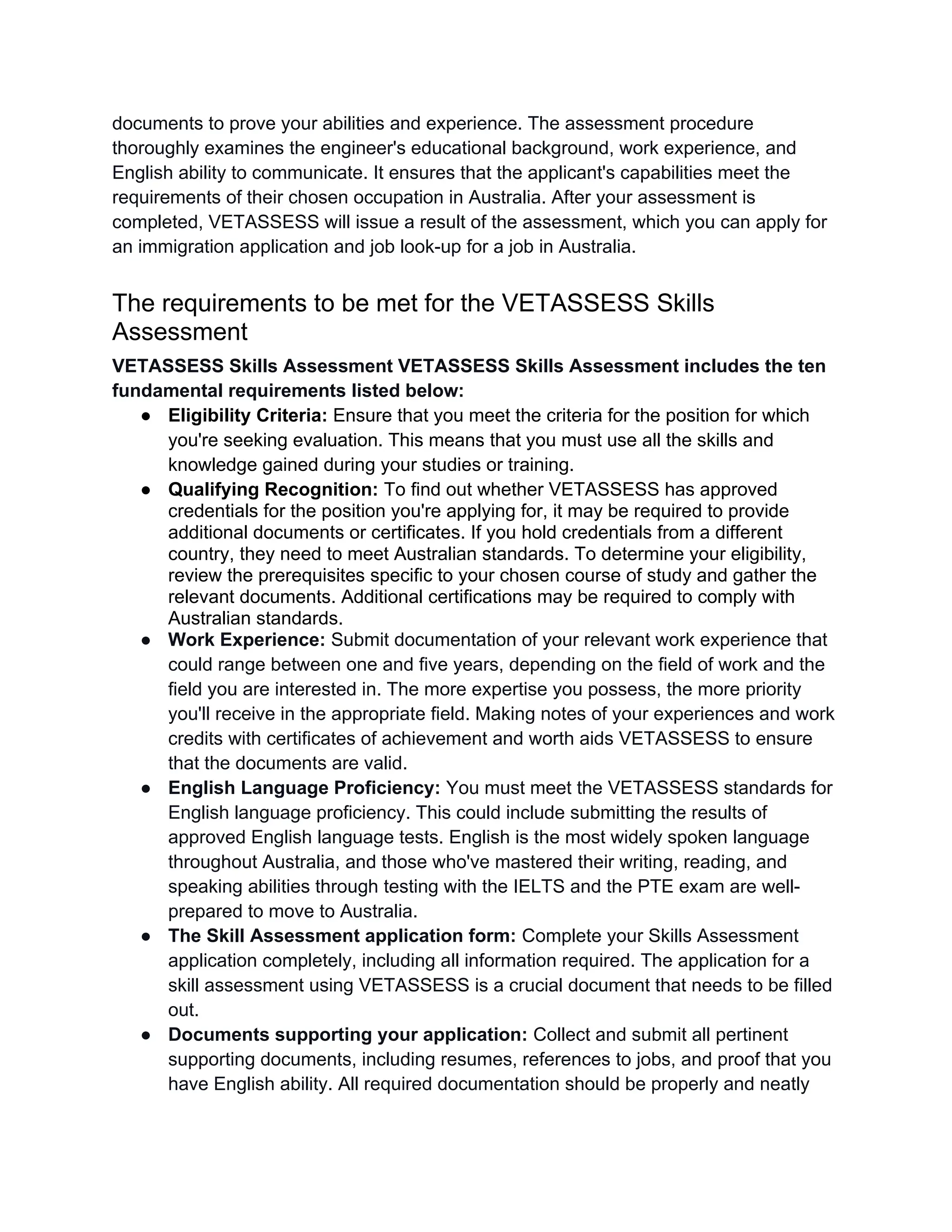 VETASSESS Skill Assessment for Migration to Australia | DOCX