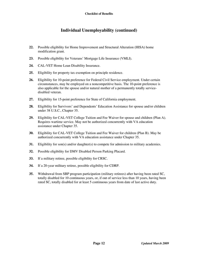 Veterans Benefits Checklist Disability | PDF