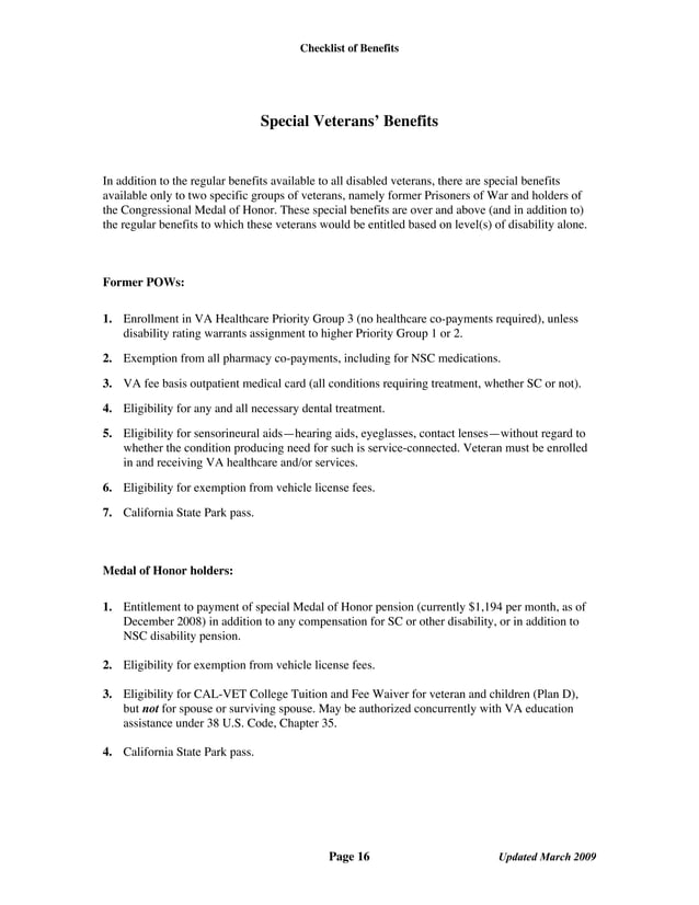 Veterans Benefits Checklist Disability | PDF