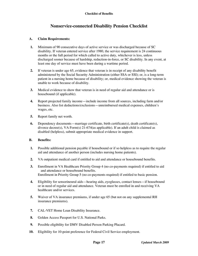 Veterans Benefits Checklist Disability | PDF