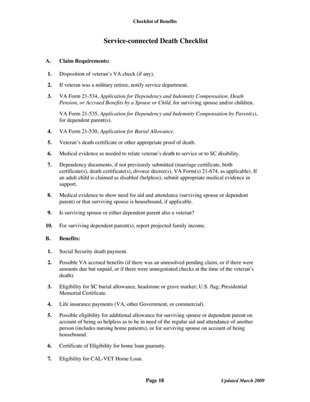 Veterans Benefits Checklist Disability | PDF