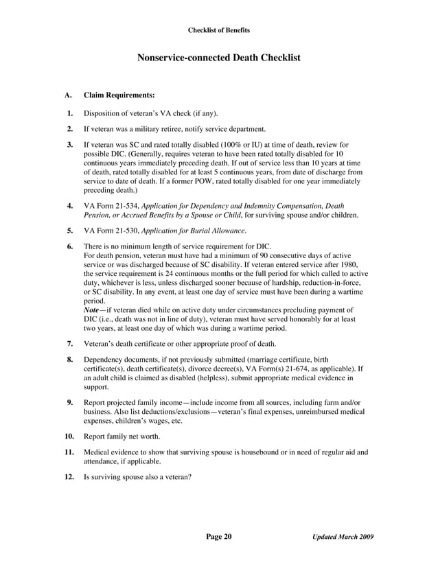 Veterans Benefits Checklist Disability | PDF