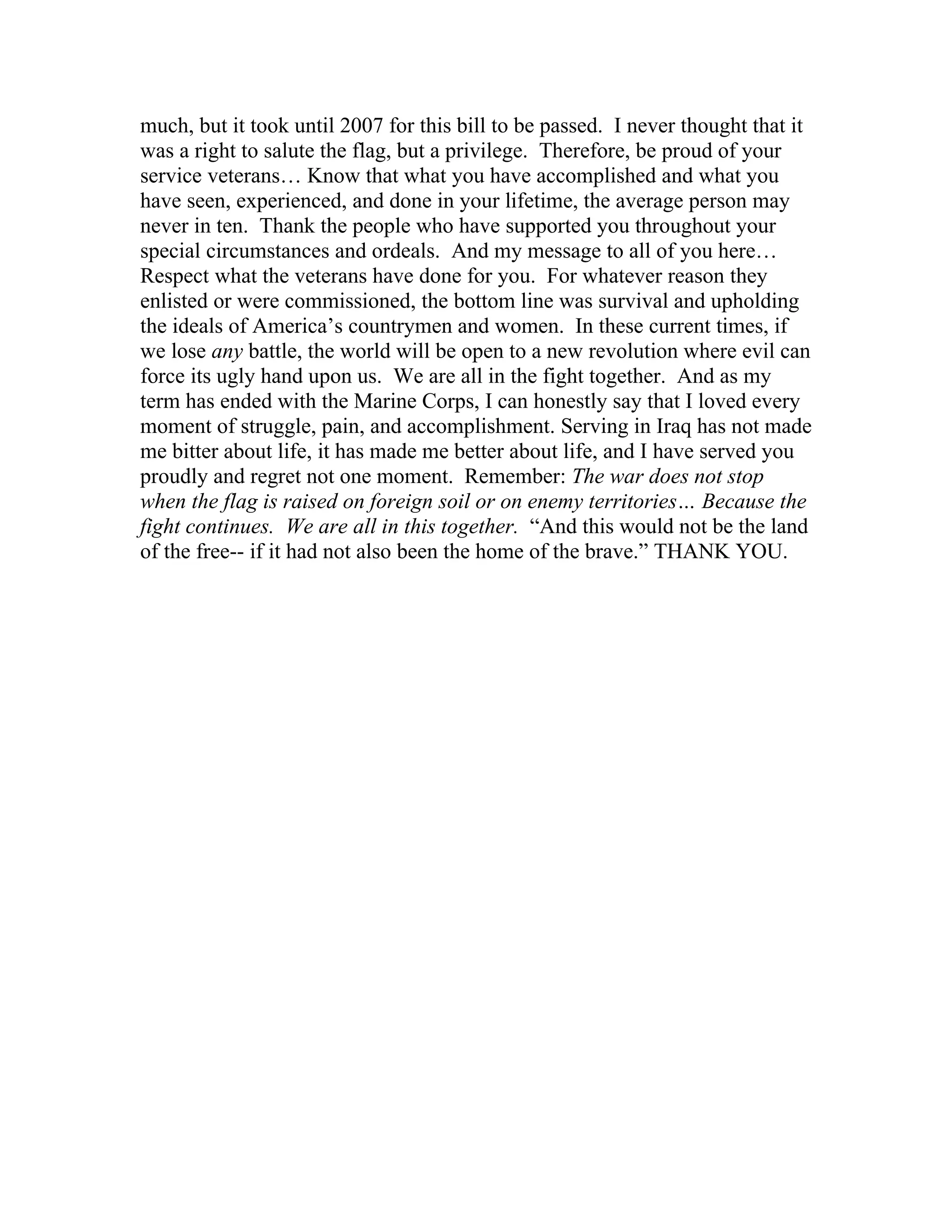 Veterans Day Speech At ACCC | DOC | Defense Industry | Industries