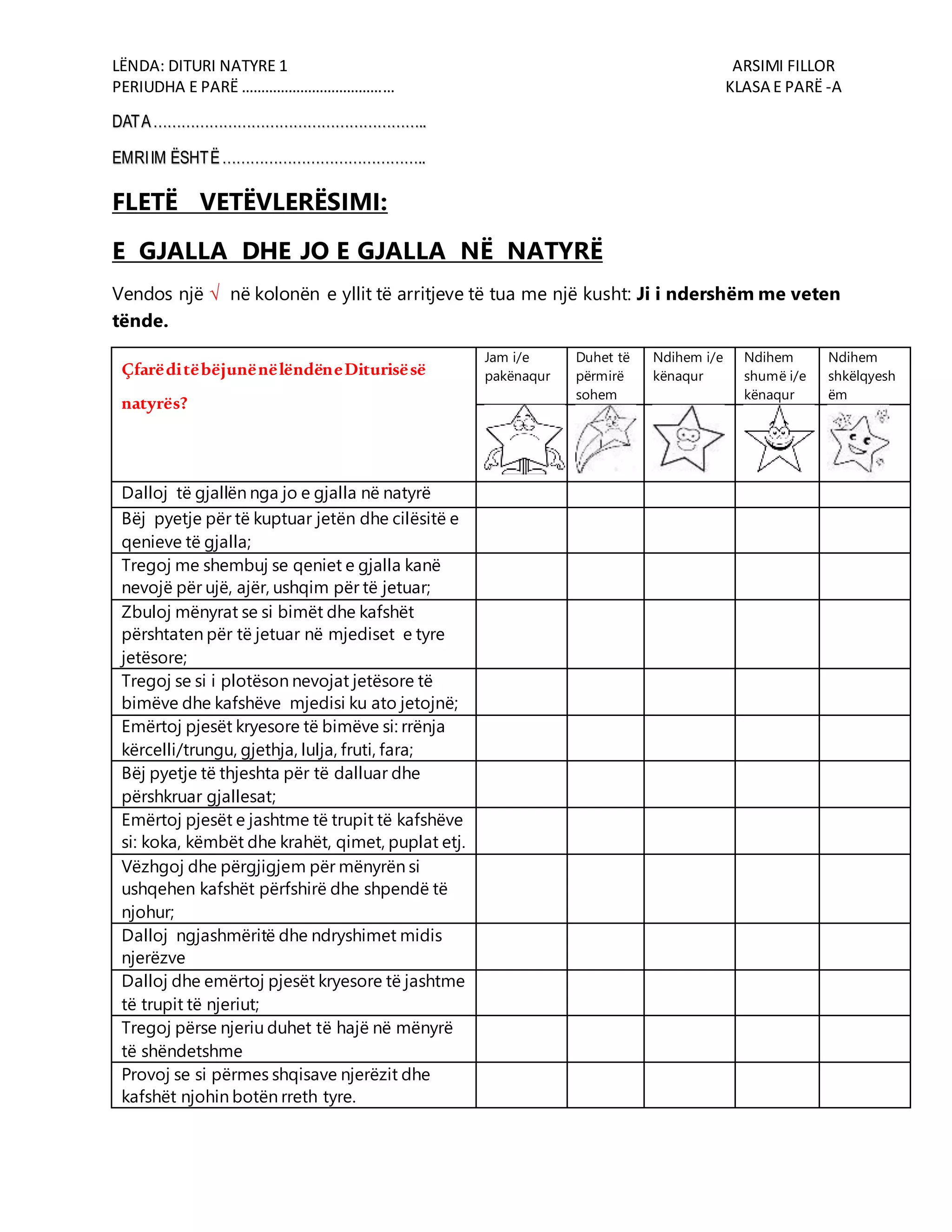 Vetevleresimi i nxenesit Dituri natyre 1 Periudha e pare | DOCX