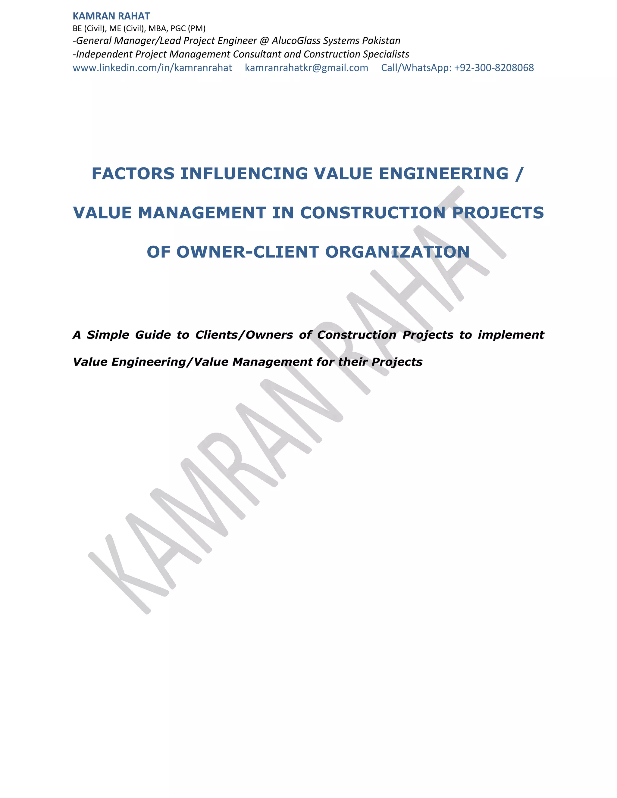 Factors influencing Value Engineering for Clients/Owners | PDF