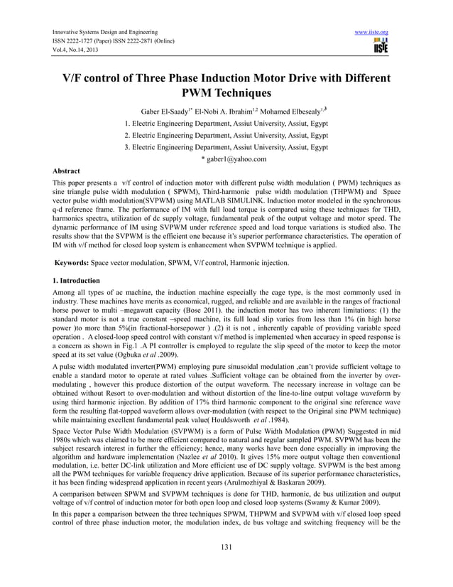 Vf Control Of Three Phase Induction Motor Drive With Different Pwm Techniques Pdf