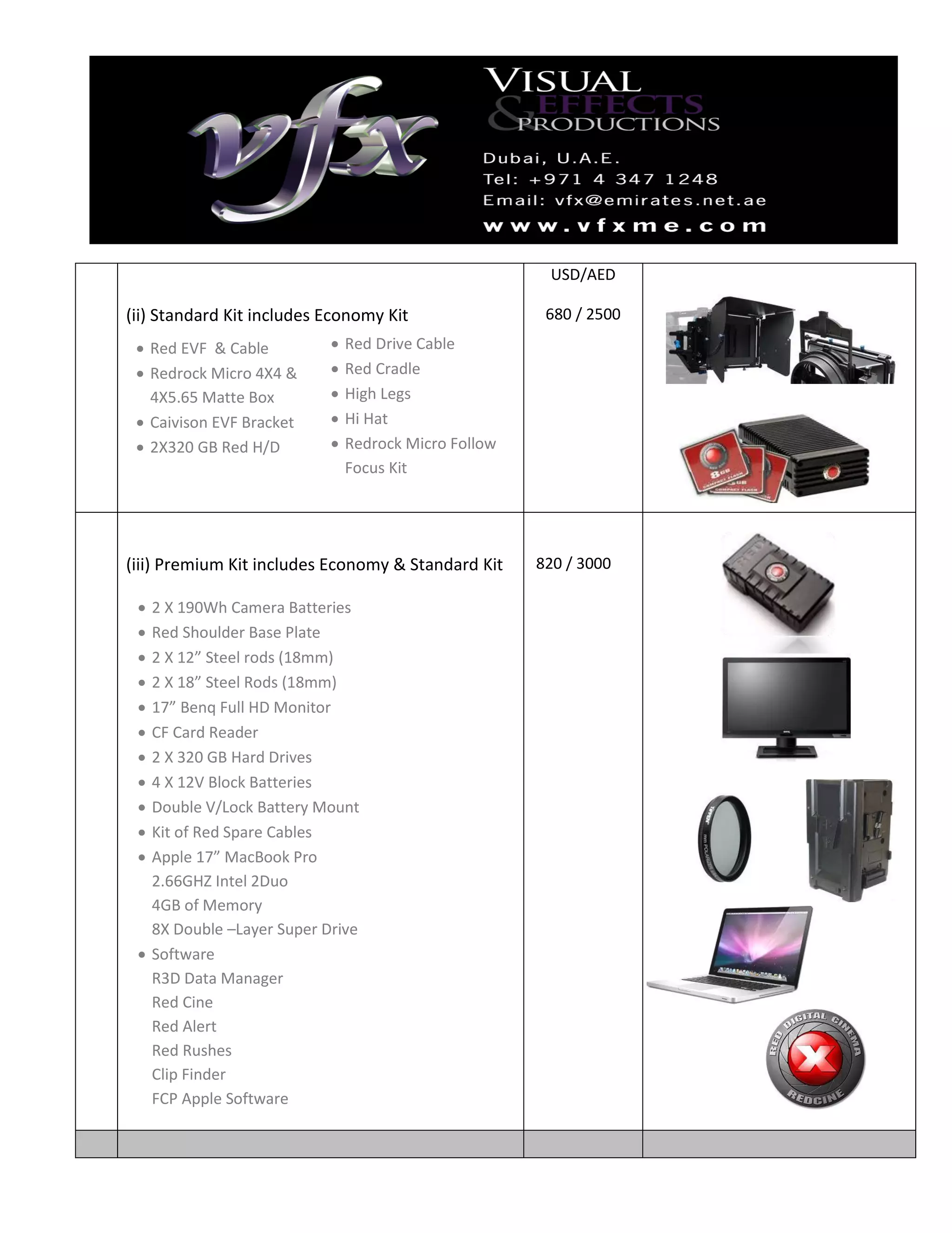 VFX equipment rental rate card | PDF