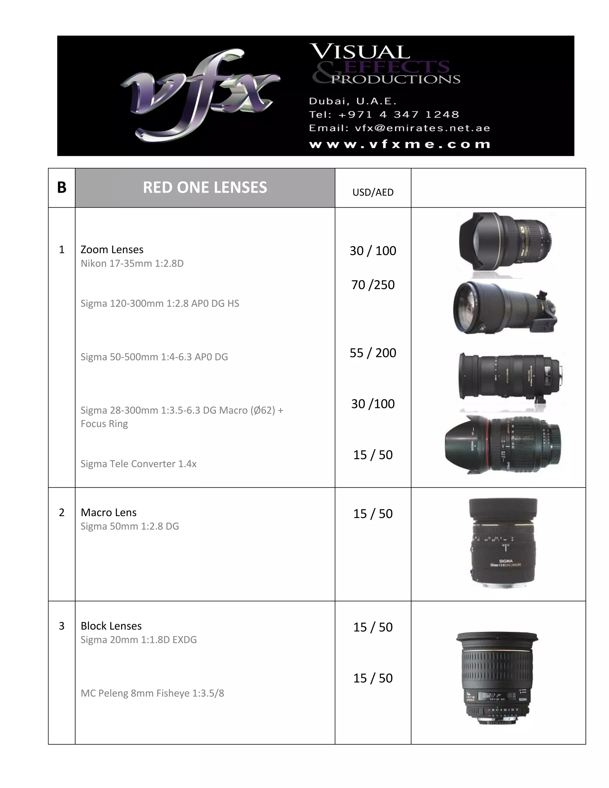 VFX equipment rental rate card | PDF