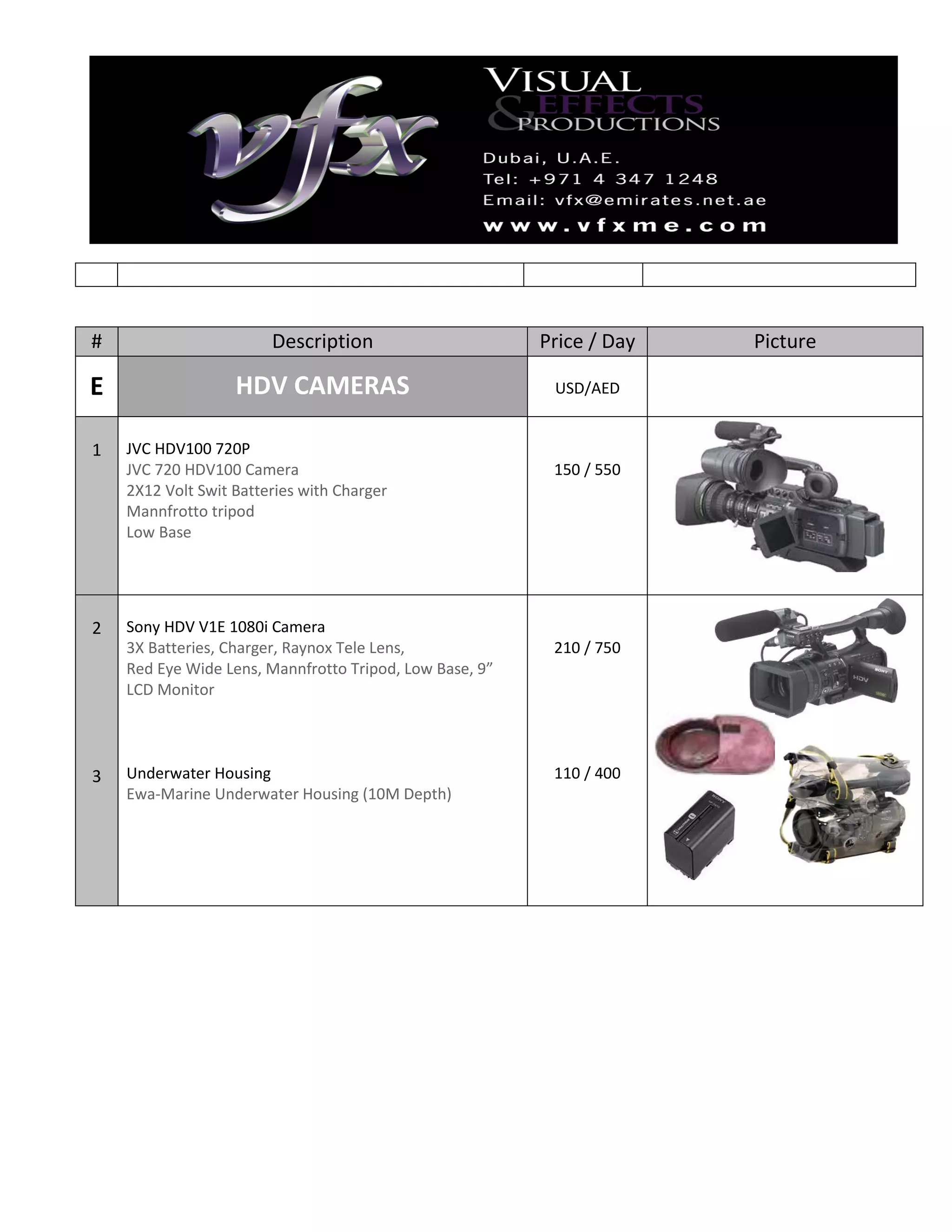 VFX equipment rental rate card | PDF